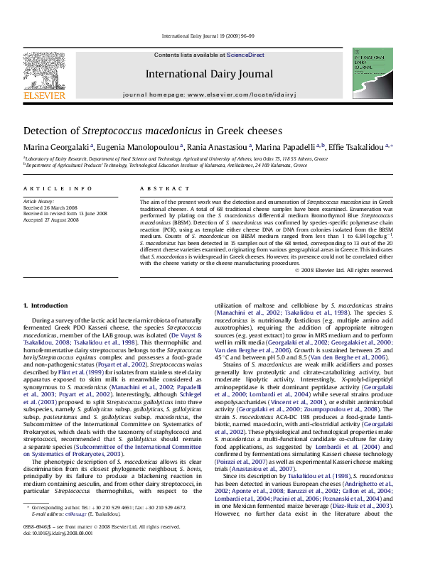 (PDF) Detection of Streptococcus macedonicus in Greek cheeses