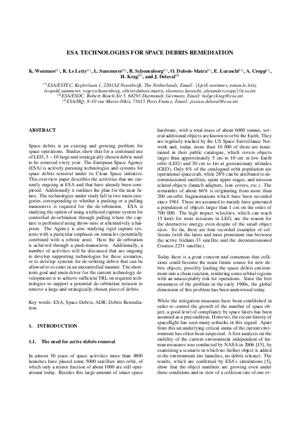 (PDF) ESA Technologies for Space Debris Remediation