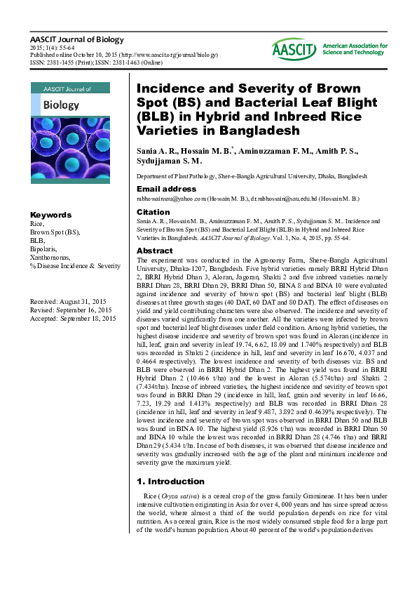 (PDF) Incidence and Severity of Brown Spot (BS) and Bacterial Leaf ...