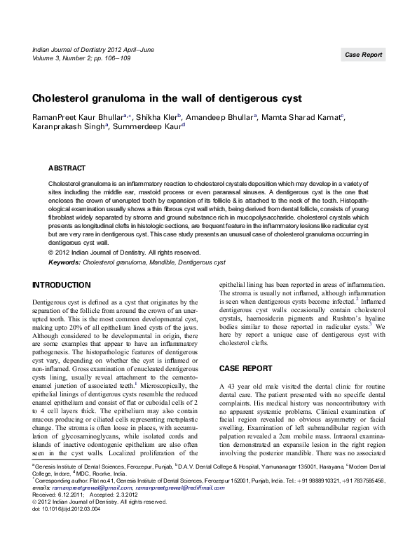 (PDF) Cholesterol granuloma in the wall of dentigerous cyst