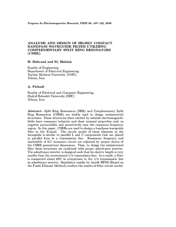 (PDF) Analysis and design of highly compact bandpass waveguide filter using complementary split ...