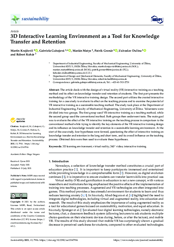 (PDF) 3D Interactive Learning Environment as a Tool for Knowledge Transfer and Retention