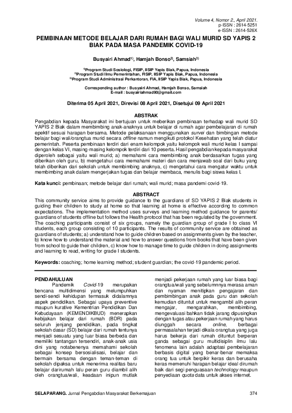 (PDF) Pembinaan Metode Belajar Dari Rumah Bagi Wali Murid SD Yapis 2 ...