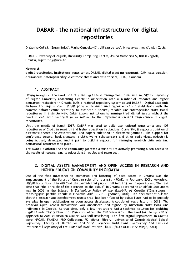 (PDF) DABAR - the national infrastructure for digital repositories