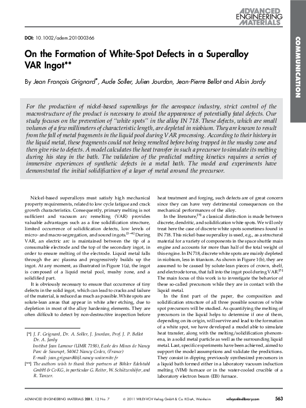 (PDF) On the Formation of White‐Spot Defects in a Superalloy VAR Ingot