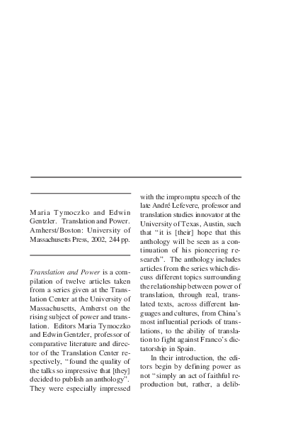 (PDF) Maria Tymoczko and Edwin Gentzler. Translation and Power ...