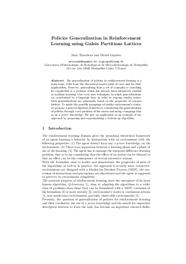 (PDF) Policies Generalization in Reinforcement Learning using Galois Partitions Lattices