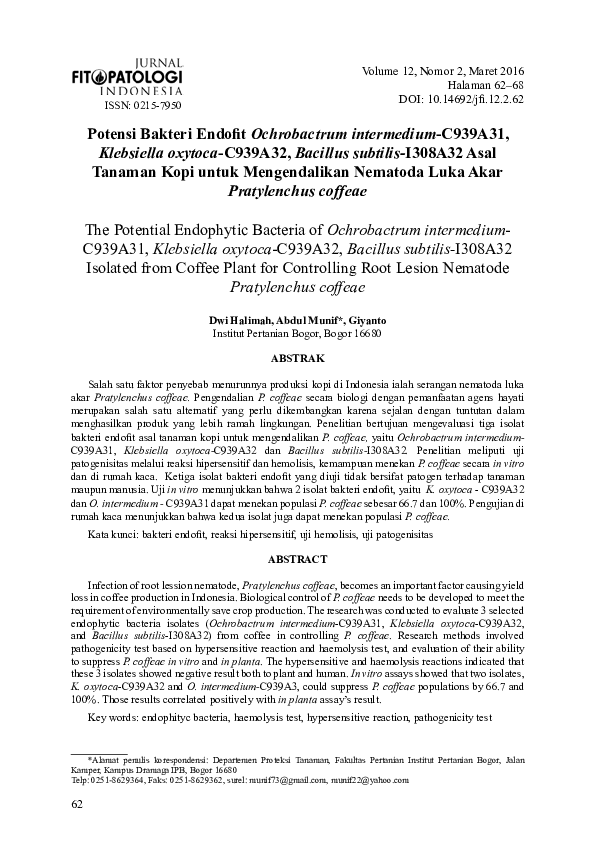 (PDF) Potensi Ochrobactrum intermedium - C939A31, Klebsiella oxytoca - C939A32, Bacillus ...