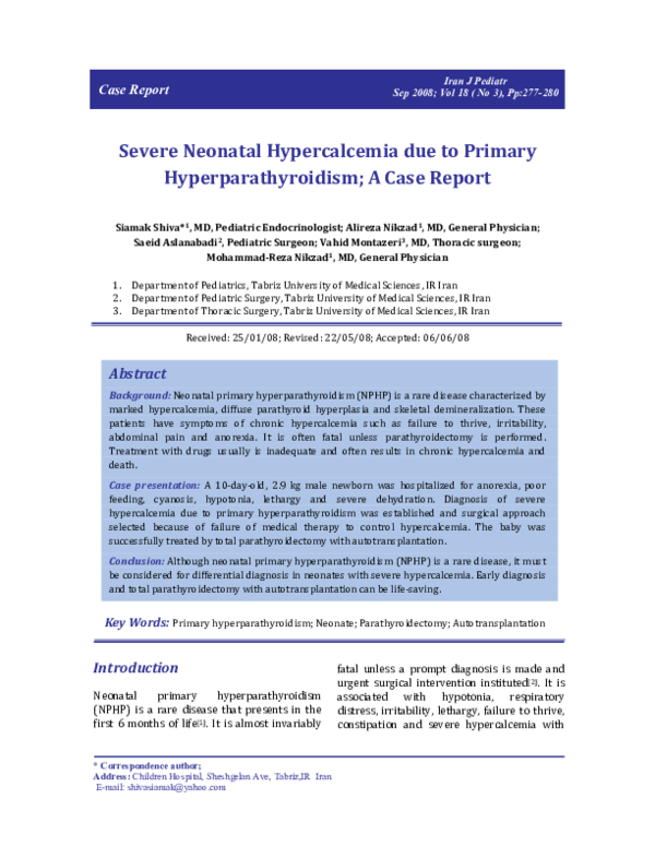 (PDF) Severe Neonatal Hypercalcemia due to Primary