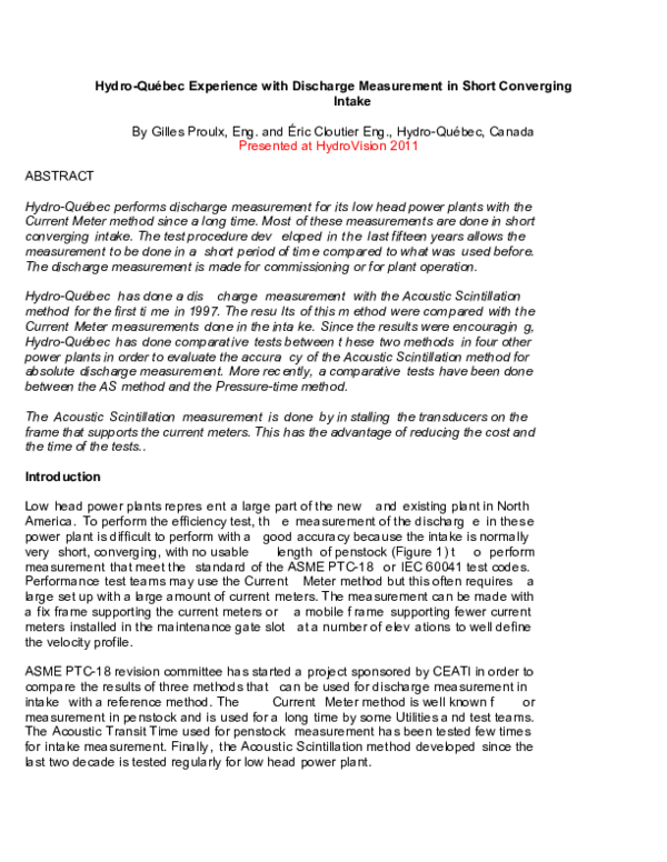 (PDF) Hydro-Québec Experience with Discharge Measurement in Short ...