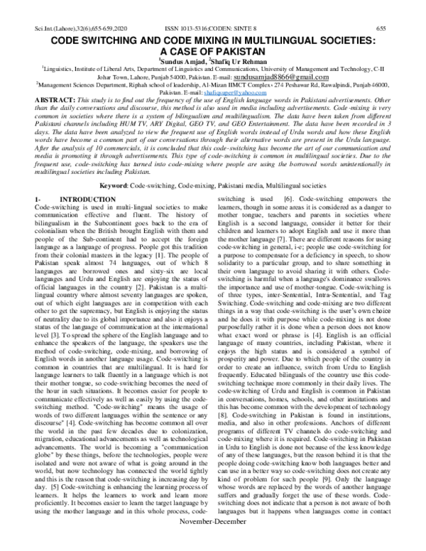 (PDF) CODE SWITCHING AND CODE MIXING IN MULTILINGUAL SOCIETIES: A CASE OF PAKISTAN