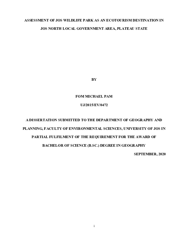(DOC) ASSESSMENT OF JOS WILDLIFE PARK AS AN ECO-TOURISM (Tooday)
