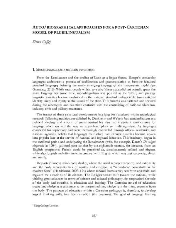 (PDF) Auto/Biographical Approaches for a Post-Cartesian Model of ...