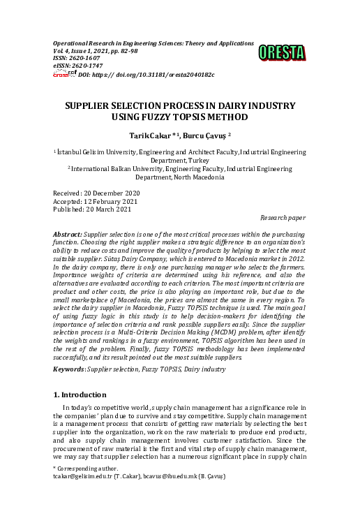Pdf Supplier Selection Process In Dairy Industry Using Fuzzy Topsis Method
