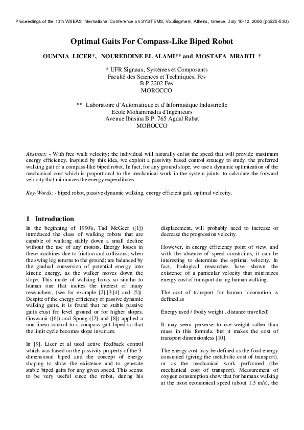 (PDF) Optimal gaits for compass-like biped robot