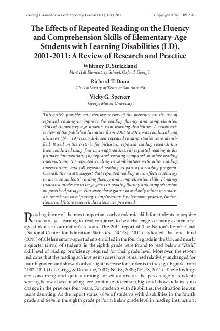(PDF) The Effects of Repeated Reading on the Fluency and Comprehension Skills of Elementary-Age ...