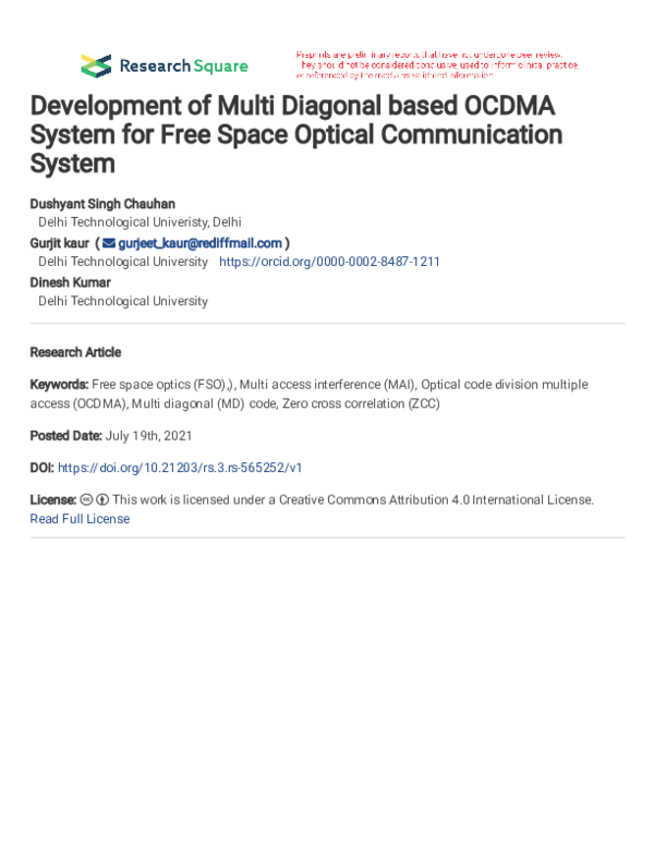 (PDF) Development of Multi Diagonal based OCDMA System for Free Space Optical Communication System