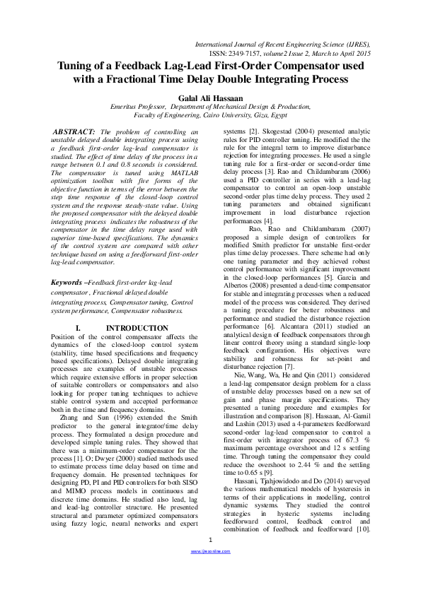 (PDF) Tuning of a Feedback Lag-Lead First-Order Compensator used with a ...