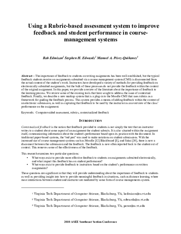 (PDF) Using a Rubric-based assessment system to improve feedback and student performance in ...