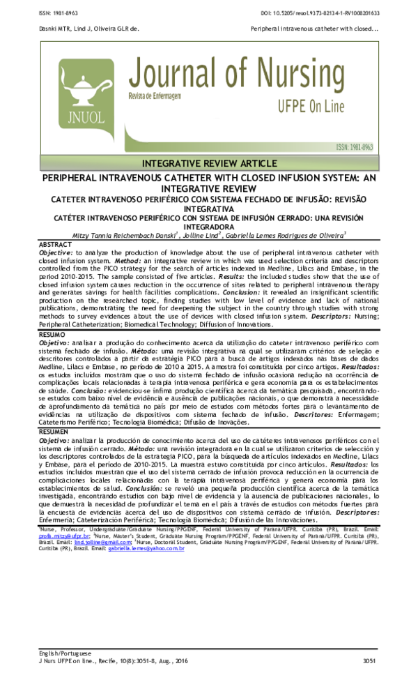 (PDF) Peripheral intravenous catheter with closed infusion system: an ...