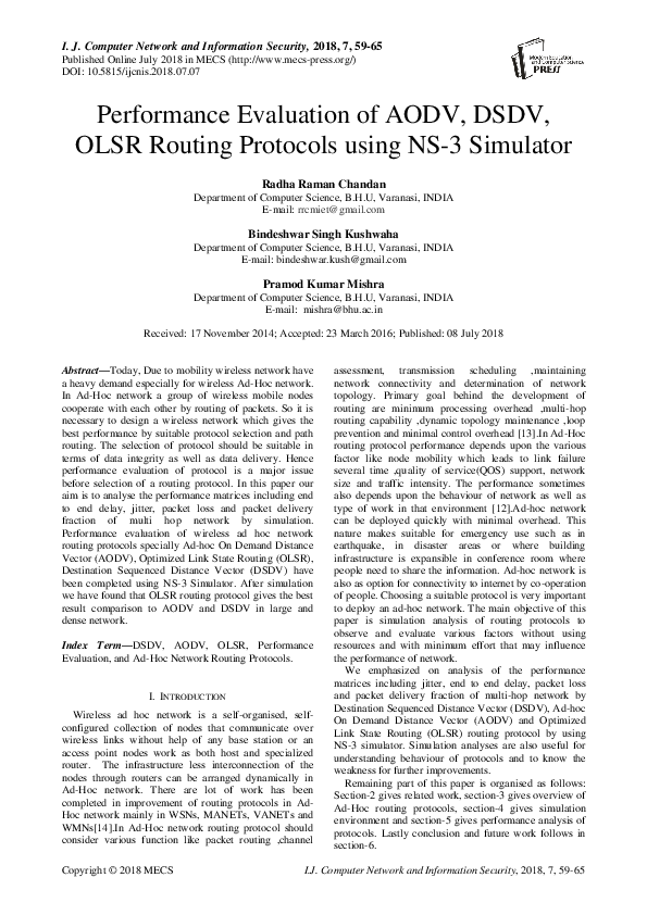 (PDF) Performance Evaluation of AODV, DSDV, OLSR Routing Protocols using NS-3 Simulator ...