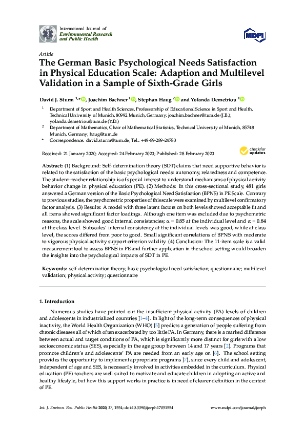 (PDF) The German Basic Psychological Needs Satisfaction in Physical Education Scale: Adaption ...