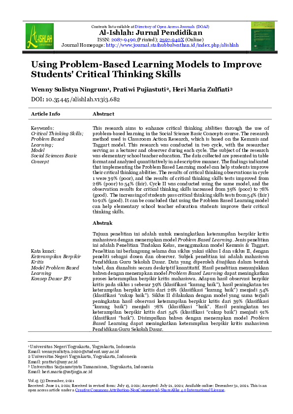 (PDF) Using Problem-Based Learning Models to Improve Students' Critical ...