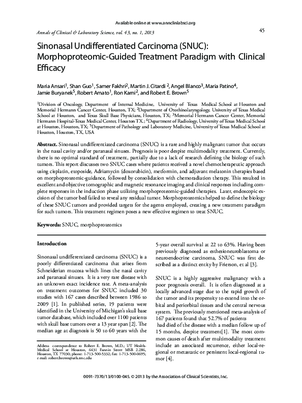 (PDF) Sinonasal undifferentiated carcinoma (SNUC): morphoproteomic ...