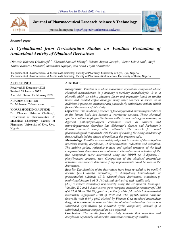 (PDF) A Cycloalkanol from Derivatization Studies on Vanillin ...