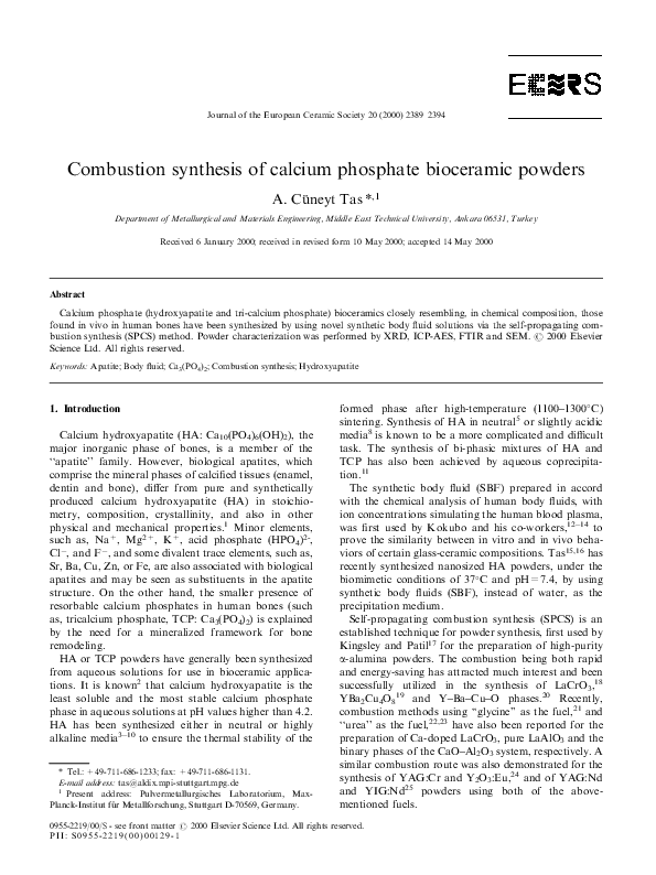 (PDF) Combustion synthesis of calcium phosphate bioceramic powders