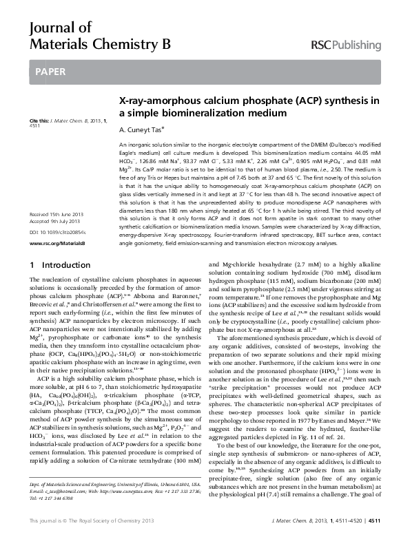 (PDF) X-ray-amorphous calcium phosphate (ACP) synthesis in a simple biomineralization medium ...