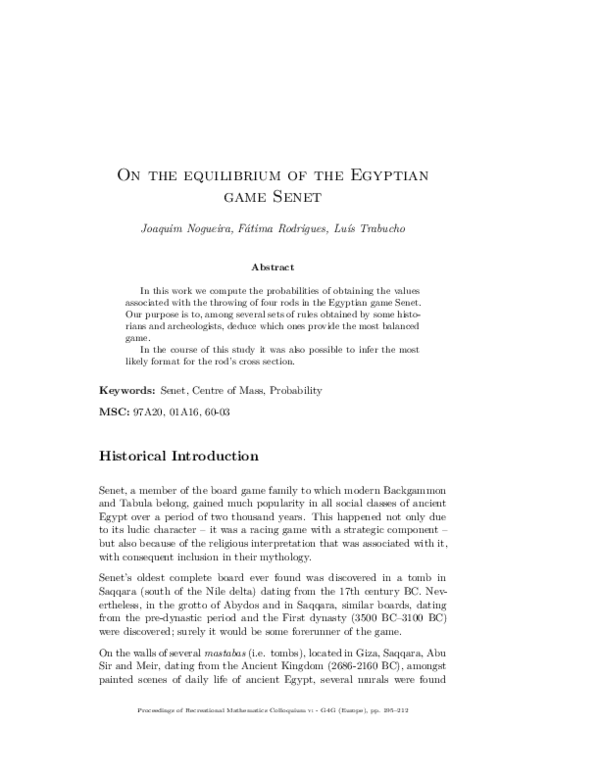 (PDF) On the equilibrium of the Egyptian game Senet