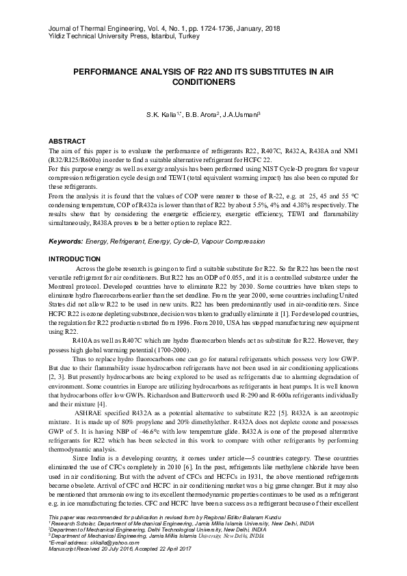(PDF) Performance Analysis of R22 and Its Substitutes in Air Conditioners