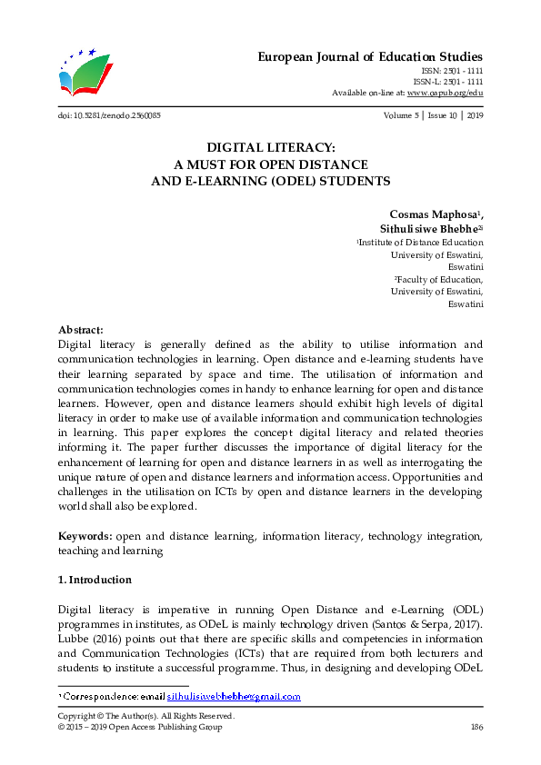(PDF) Digital Literacy: A Must for Open Distance and E-Learning (Odel ...