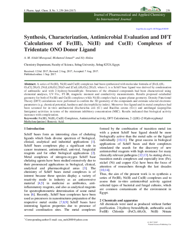 (PDF) Synthesis, Characterization, Antimicrobial Evaluation and DFT Calculations of Fe(III), Ni ...
