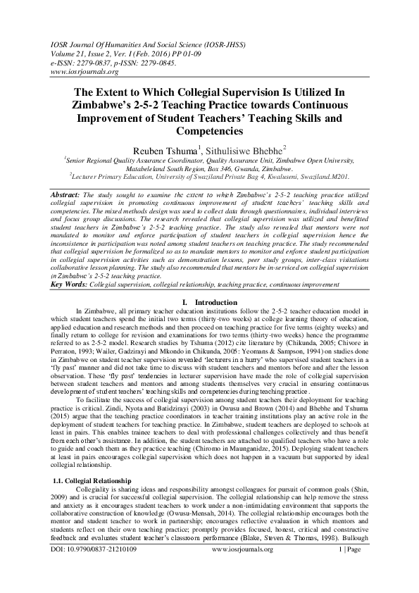 (PDF) The Extent to Which Collegial Supervision Is Utilized In Zimbabwe ...