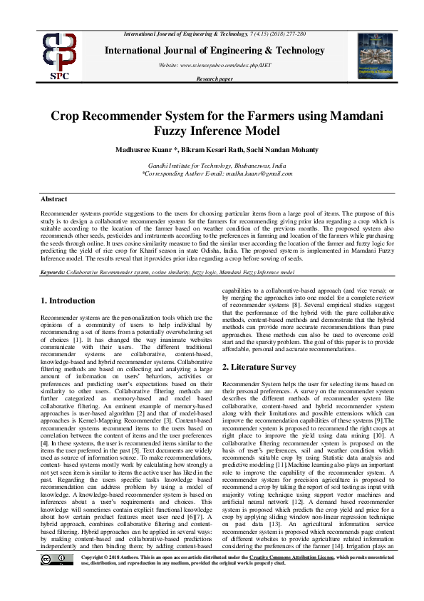 (PDF) Crop Recommender System for the Farmers using Mamdani Fuzzy Inference Model