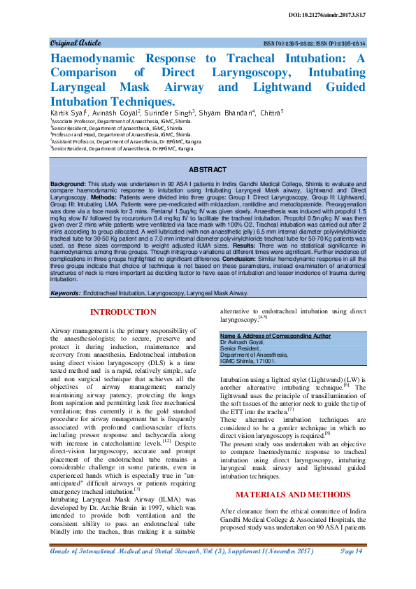 (PDF) Haemodynamic Response to Tracheal Intubation: A Comparison of ...