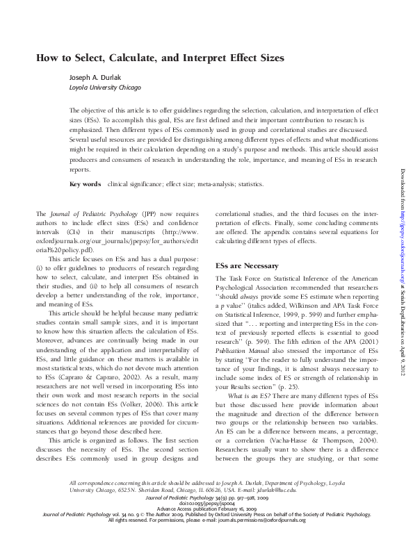 (PDF) How to Select, Calculate, and Interpret Effect Sizes