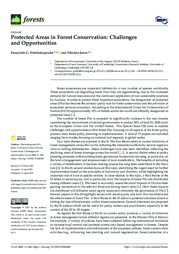 (PDF) Protected Areas in Forest Conservation: Challenges and Opportunities