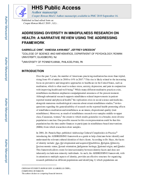 (PDF) Addressing Diversity in Mindfulness Research on Health: A ...