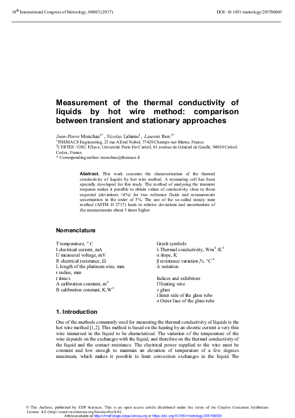 (PDF) Measurement of the thermal conductivity of liquids by hot wire ...