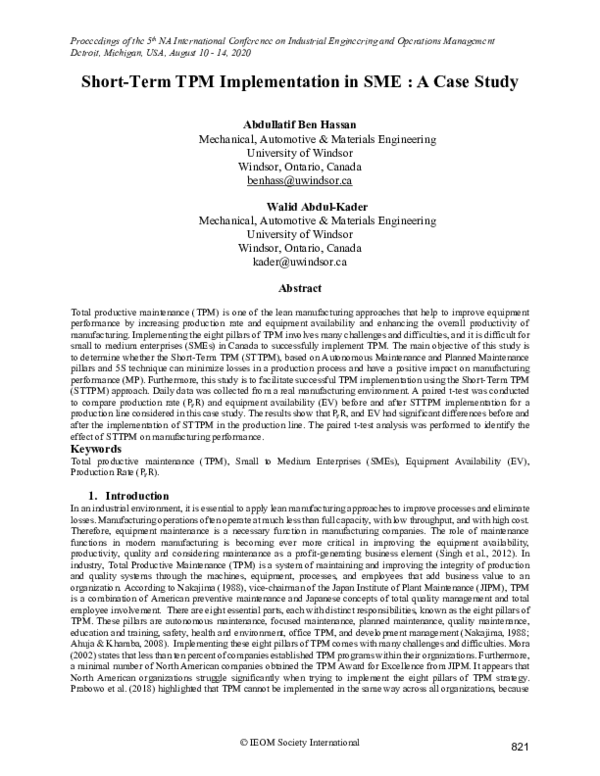 (PDF) Short-Term TPM Implementation in SME : A Case Study