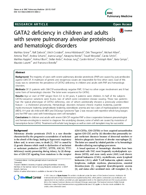 (PDF) GATA2 deficiency in children and adults with severe pulmonary ...