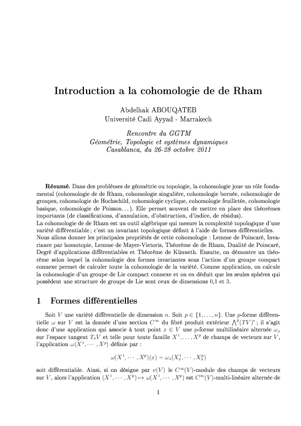 (PDF) Introduction a la cohomologie de de Rham