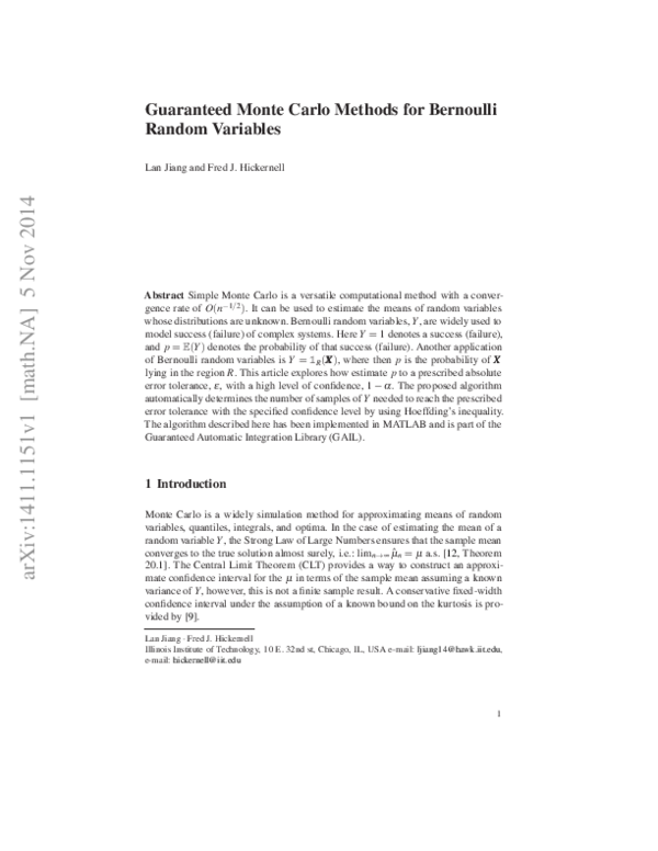 (PDF) Guaranteed Monte Carlo Methods for Bernoulli Random Variables