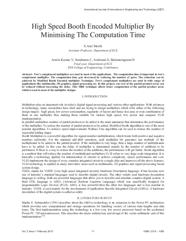 (PDF) High Speed Booth Encoded Multiplier By Minimising The Computation Time