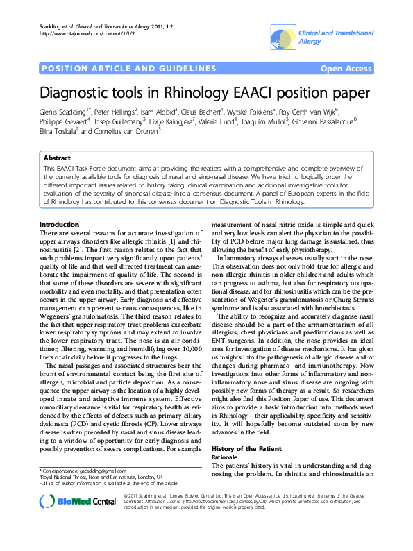 (PDF) POSITION ARTICLE AND GUIDELINES Open Access Diagnostic tools in Rhinology EAACI position paper