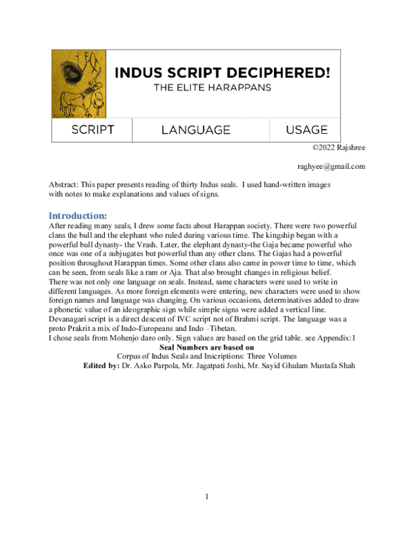 (PDF) Indus Script Reading of Thirty Seals