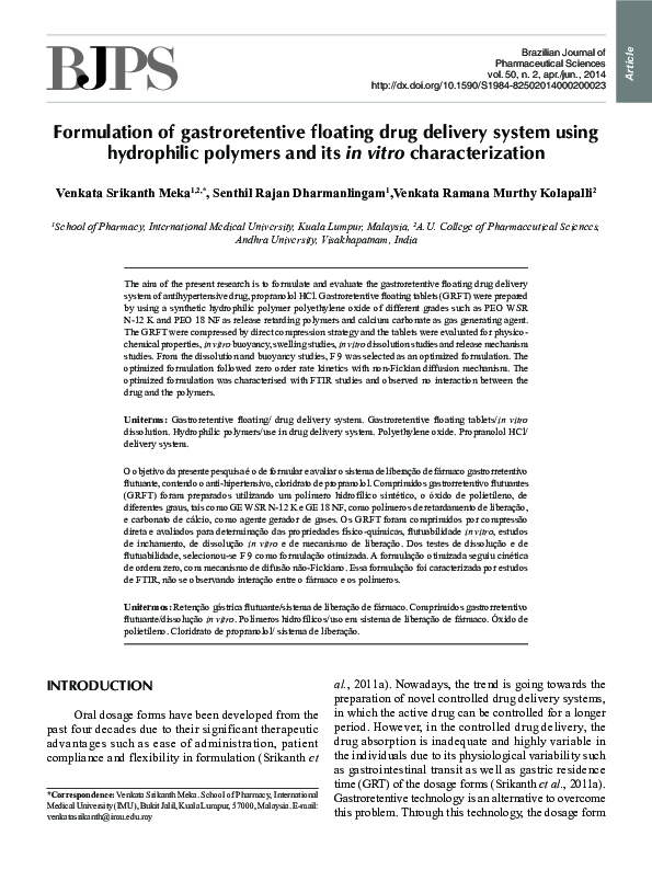 Pdf Formulation Of Gastroretentive Floating Drug Delivery System Using Hydrophilic Polymers